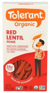 tolerant organic red lentil penne pasta free from allergens - gluten free, vegan, paleo, plant based protein pasta - non gmo, kosher - made with 1 single ingredient, 8 ounce (pack of 1)