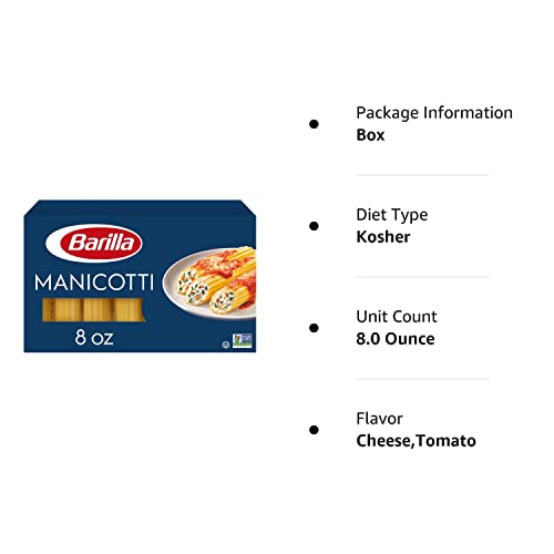 Barilla Manicotti Pasta, 8 oz. Box - Non-GMO Pasta Made with Durum Wheat Semolina - Kosher Certified Pasta