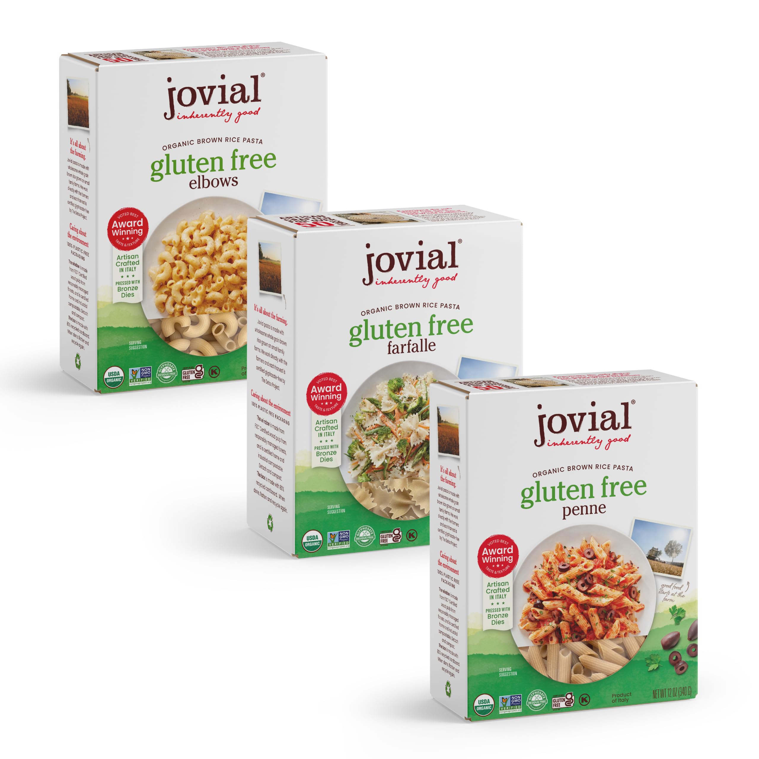 Jovial Farfalle Pasta | Jovial Elbows Pasta | Jovial Penne Rigate Pasta | Whole Grain Brown Rice Pasta | Gluten-Free | Non-GMO | Lower Carb | USDA Certified Organic | Made in Italy | 12 oz Each (3-pack)