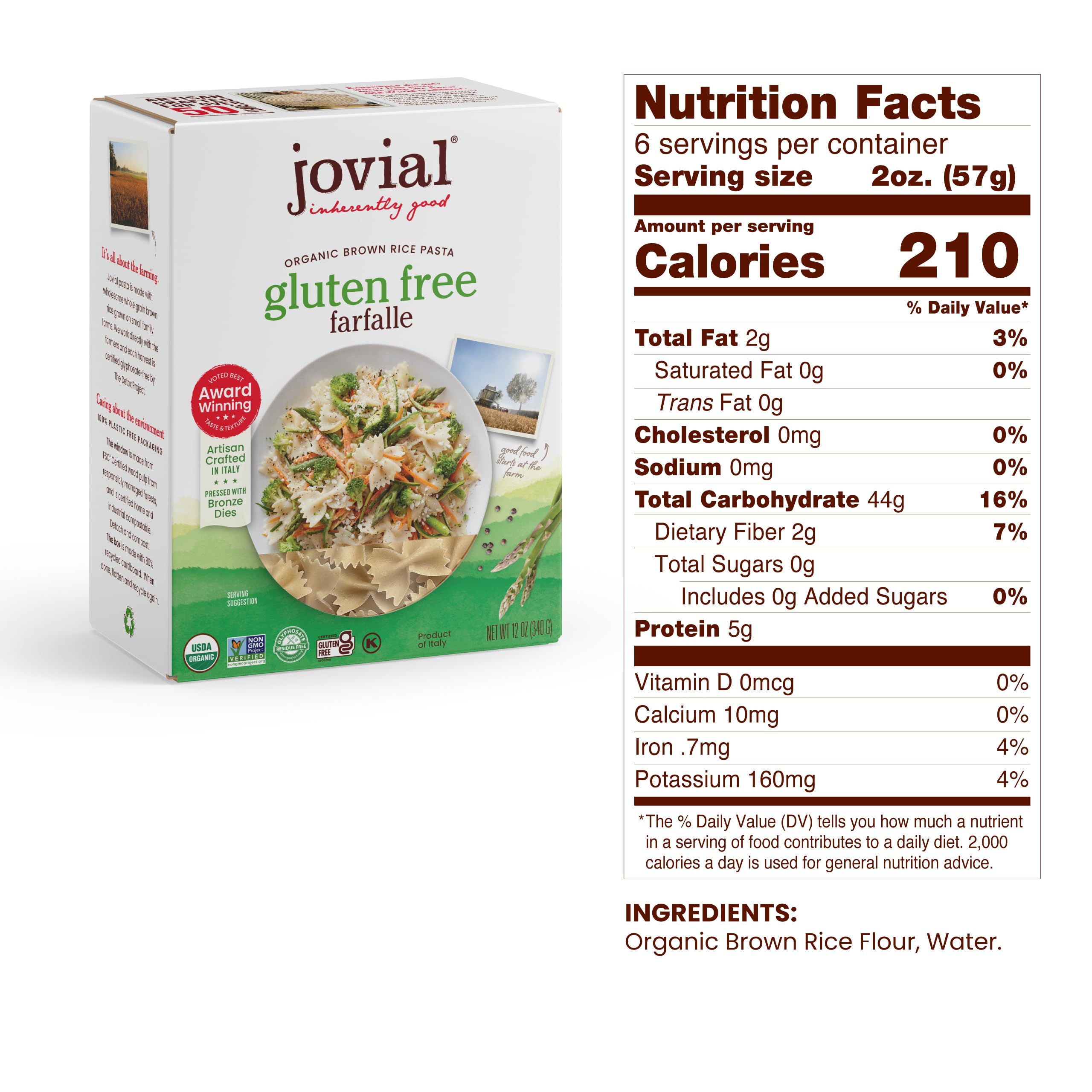 Jovial Farfalle Pasta | Jovial Elbows Pasta | Jovial Penne Rigate Pasta | Whole Grain Brown Rice Pasta | Gluten-Free | Non-GMO | Lower Carb | USDA Certified Organic | Made in Italy | 12 oz Each (3-pack)