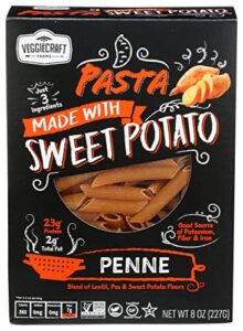 veggiecraft farms penne pasta - low carb pasta, high protein, made with sweet potato, lentil & peas, gluten free, plant based pasta noodles, high fiber, vegan, kosher, non-gmo - 8 ounce