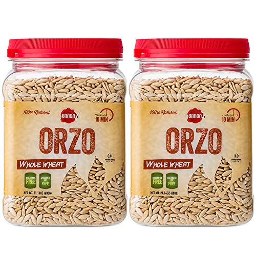 Baron’s Whole Wheat Orzo Pasta | 100% Natural Israeli Rice-Shaped Orzo for Soups, Casseroles & Salads | Cooks in 10 Minutes! | Kosher | 2 Pack 21.16oz Jars