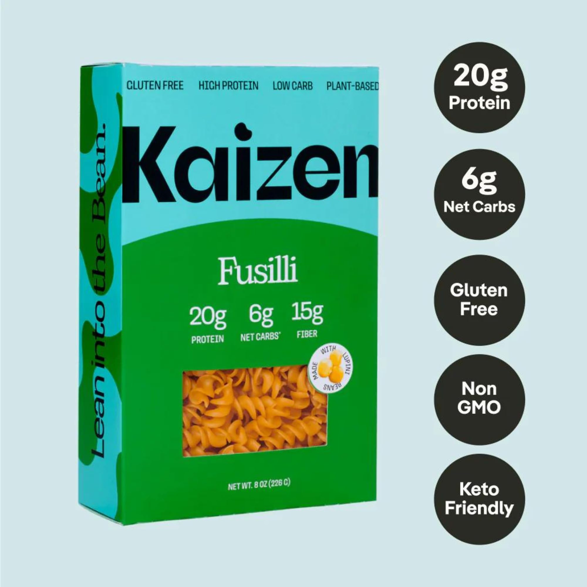 Kaizen Low Carb Keto Pasta Fusilli - High Protein (20g), Gluten-Free, Keto-Friendly (6g Net), Plant-Based Lupini Noodles made w/High Fiber Lupin Flour - 8 ounces (Pack of 3)