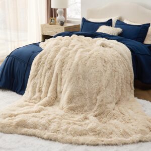 Bedsure Soft Fuzzy Faux Fur Blankets Queen Size Khaki – Cozy, Fluffy, Plush Sherpa Fleece Blanket, Furry, Shaggy Blanket for Couch, Bed, Sofa, Thick Warm Blankets for Women, 90x90 Inches, 640 GSM