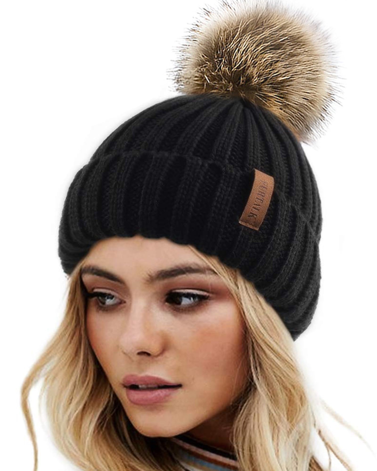 FURTALK Womens Winter Knitted Beanie Hat with Faux Fur Pom Warm Knit Skull Cap Beanie for Women