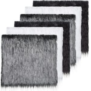 6 pieces faux fur squares fabric shaggy fur cuts fluffy square fur patches for cosplay costume craft supply decoration (10 x 10 inch, black, white, gray)