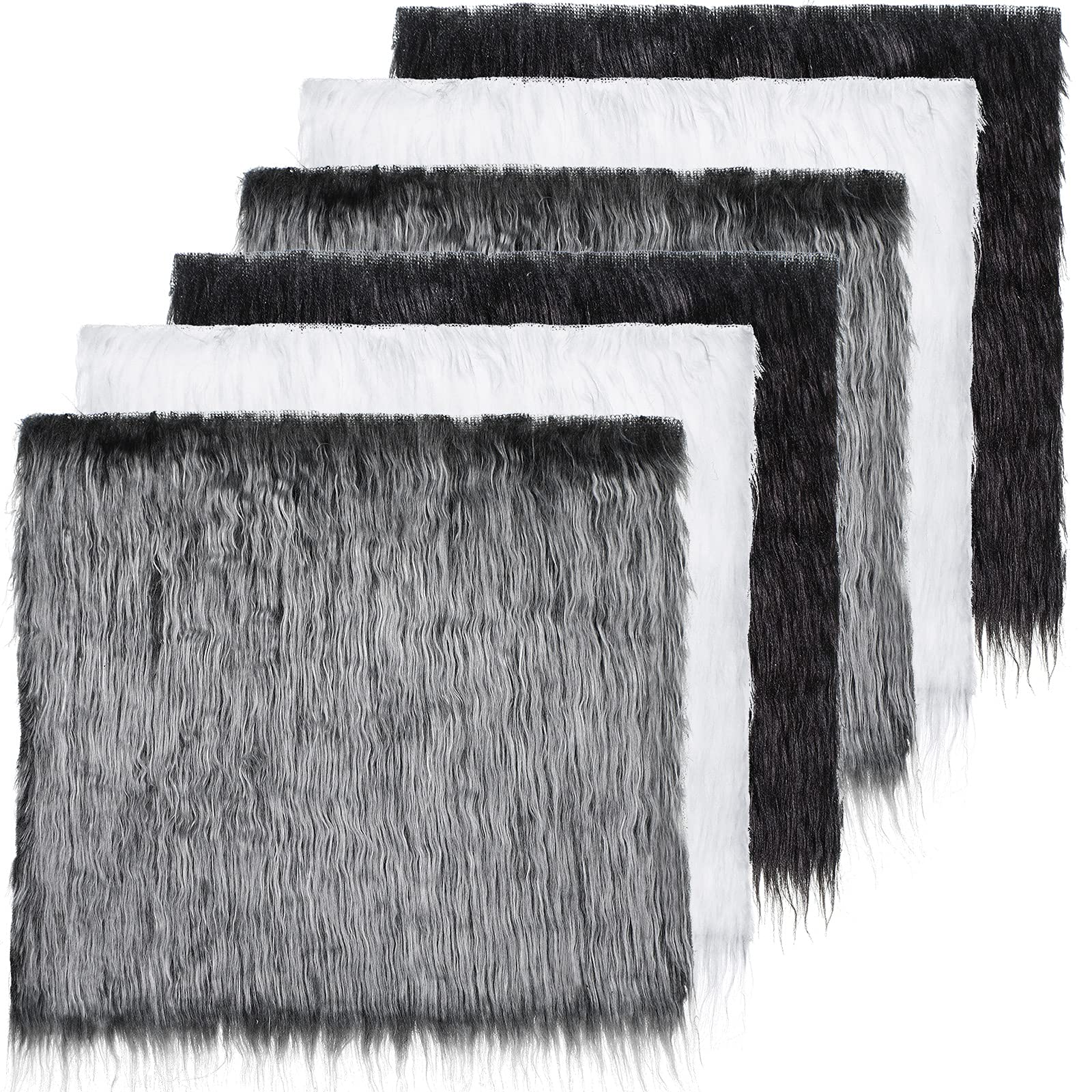 6 Pieces Faux Fur Squares Fabric Shaggy Fur Cuts Fluffy Square Fur Patches for Cosplay Costume Craft Supply Decoration (10 x 10 Inch, Black, White, Gray)