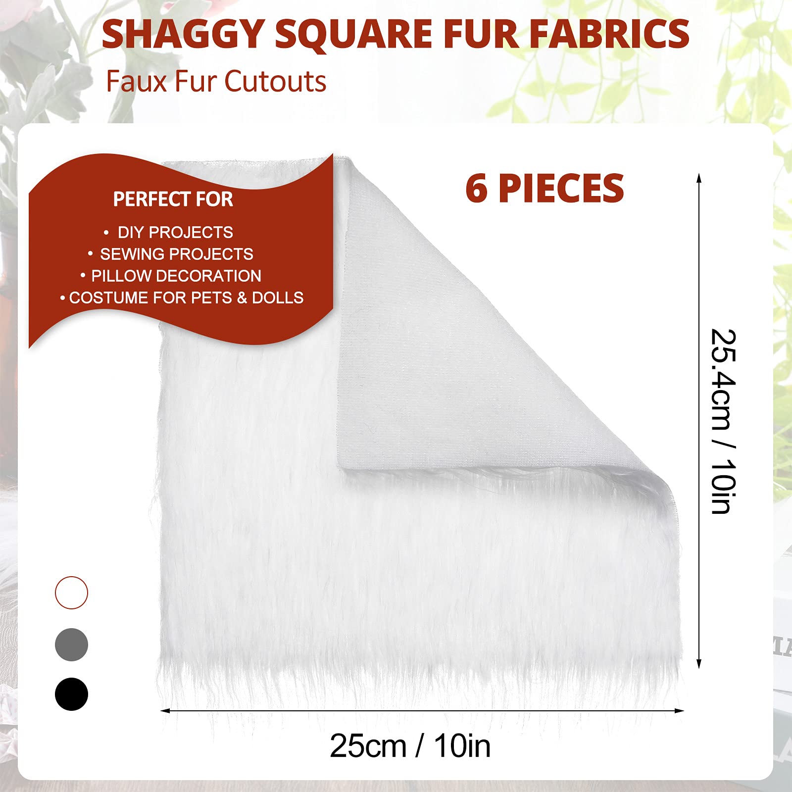 6 Pieces Faux Fur Squares Fabric Shaggy Fur Cuts Fluffy Square Fur Patches for Cosplay Costume Craft Supply Decoration (10 x 10 Inch, Black, White, Gray)