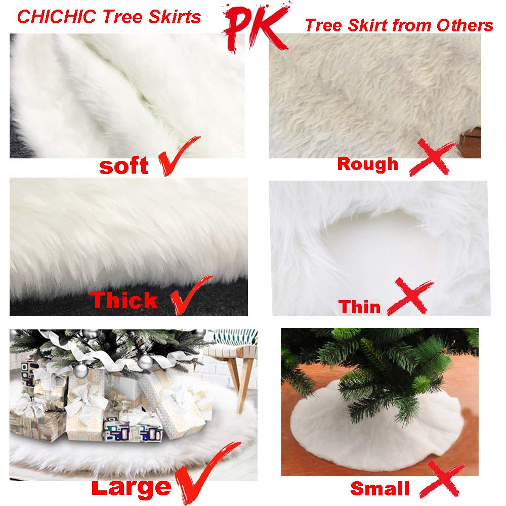 CHICHIC 48 inch Christmas Tree Skirt Faux Fur Xmas Tree Skirt Christmas Decorations Holiday Tree Ornaments Tree Decoration for Christmas Home Decorations, Xmas Party Holiday Decorations, Snow White