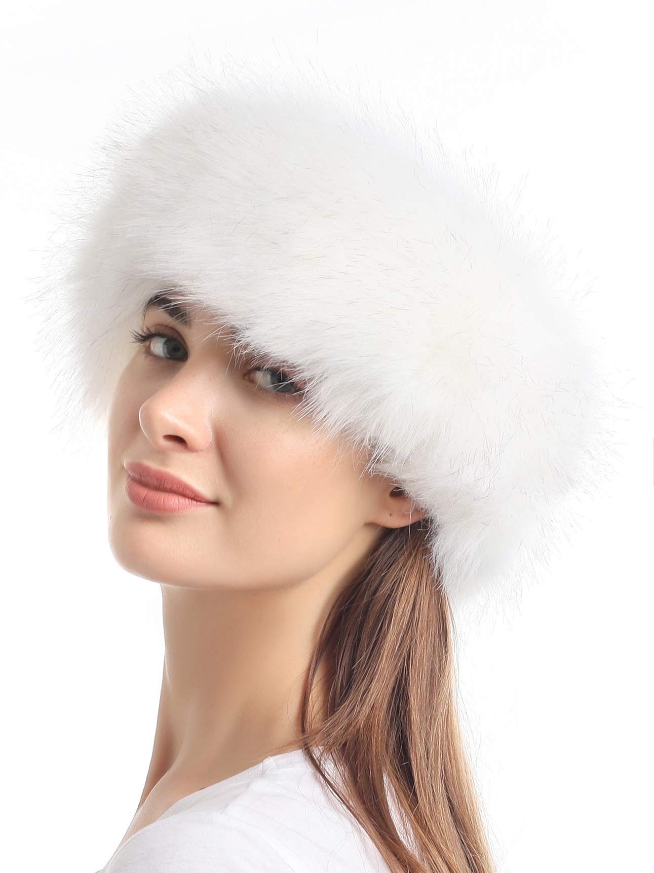 Faux Fur Headband with Elastic for Women's Winter Earwarmer Earmuff(One size,White)