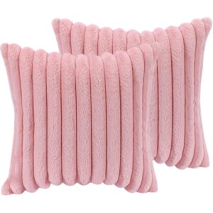 16x16 throw pillow covers set of 2, decorative faux fur covers for bed, couch soft fluffy pillow cover with velvet back for living room, neutral home décor accent for sofa - pink