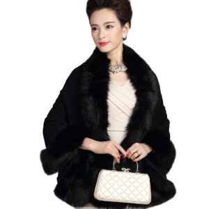 ELFJOY Bridal Faux Fur Shawl Black Fur Coat Women Luxury Faux Fur Wrap for Evening Dresses Winter Cashmere Fur Cape for Wedding Evening Party