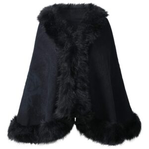 ELFJOY Bridal Faux Fur Shawl Black Fur Coat Women Luxury Faux Fur Wrap for Evening Dresses Winter Cashmere Fur Cape for Wedding Evening Party