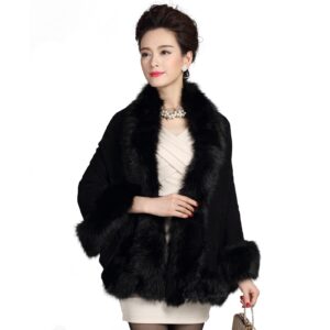 ELFJOY Bridal Faux Fur Shawl Black Fur Coat Women Luxury Faux Fur Wrap for Evening Dresses Winter Cashmere Fur Cape for Wedding Evening Party