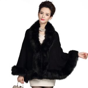 ELFJOY Bridal Faux Fur Shawl Black Fur Coat Women Luxury Faux Fur Wrap for Evening Dresses Winter Cashmere Fur Cape for Wedding Evening Party