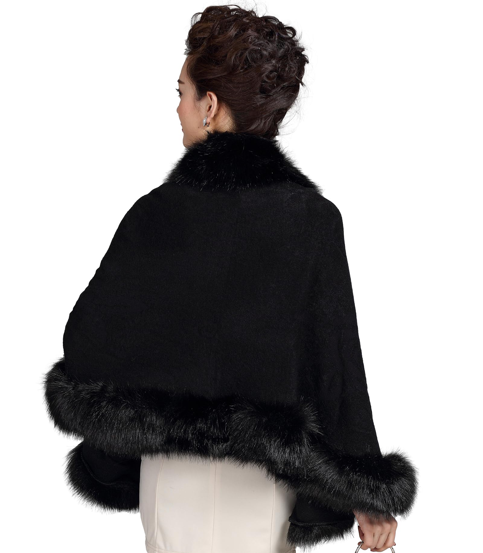 ELFJOY Bridal Faux Fur Shawl Black Fur Coat Women Luxury Faux Fur Wrap for Evening Dresses Winter Cashmere Fur Cape for Wedding Evening Party