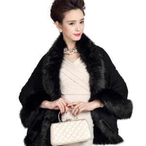 ELFJOY Bridal Faux Fur Shawl Black Fur Coat Women Luxury Faux Fur Wrap for Evening Dresses Winter Cashmere Fur Cape for Wedding Evening Party