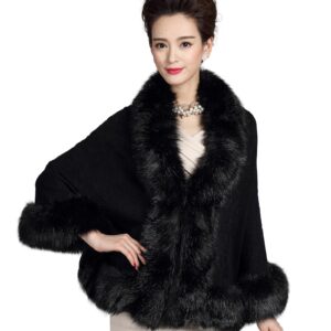 ELFJOY Bridal Faux Fur Shawl Black Fur Coat Women Luxury Faux Fur Wrap for Evening Dresses Winter Cashmere Fur Cape for Wedding Evening Party