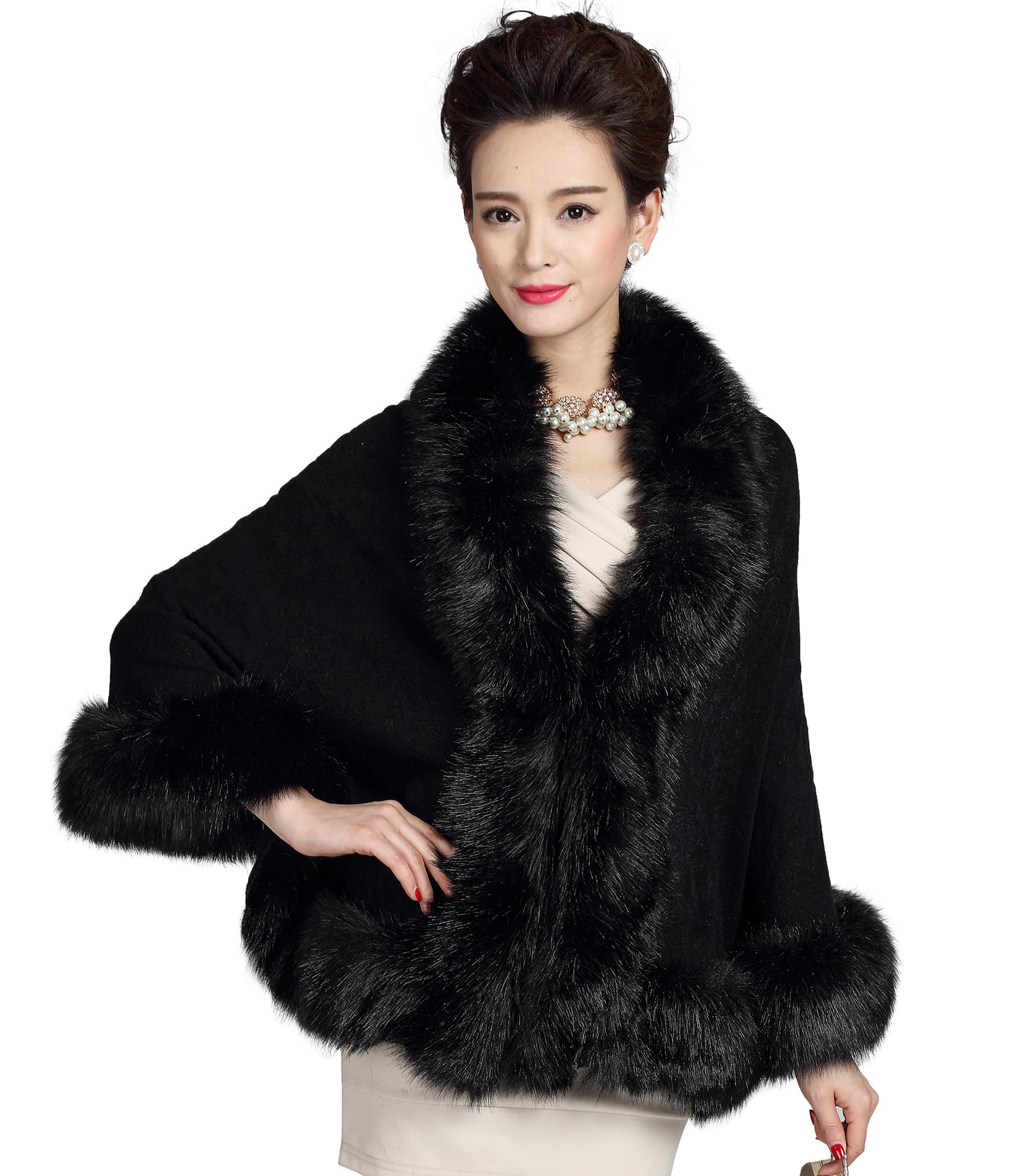 ELFJOY Bridal Faux Fur Shawl Black Fur Coat Women Luxury Faux Fur Wrap for Evening Dresses Winter Cashmere Fur Cape for Wedding Evening Party