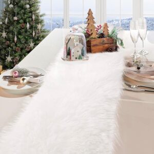 tiosggd white fur table runner short, 12'' x 48'' fluffy dresser runners for bedroom, fuzzy furry dresser cover top, birthday party farmhouse home dining living room coffee table decor