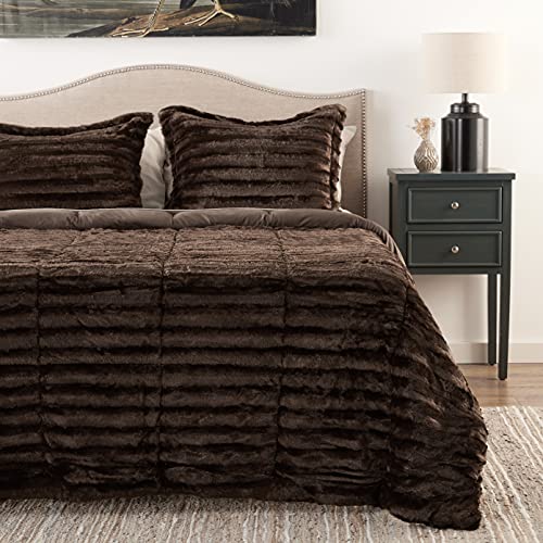 Madison Park Duke Luxe Faux Fur Reversible Comforter Set, Soft Plush Reverse, Modern Down Alternative Filling Cozy Bedding, Box Quilted Warm Cover, Matching Shams, Full/Queen, Chocolate 3 Piece