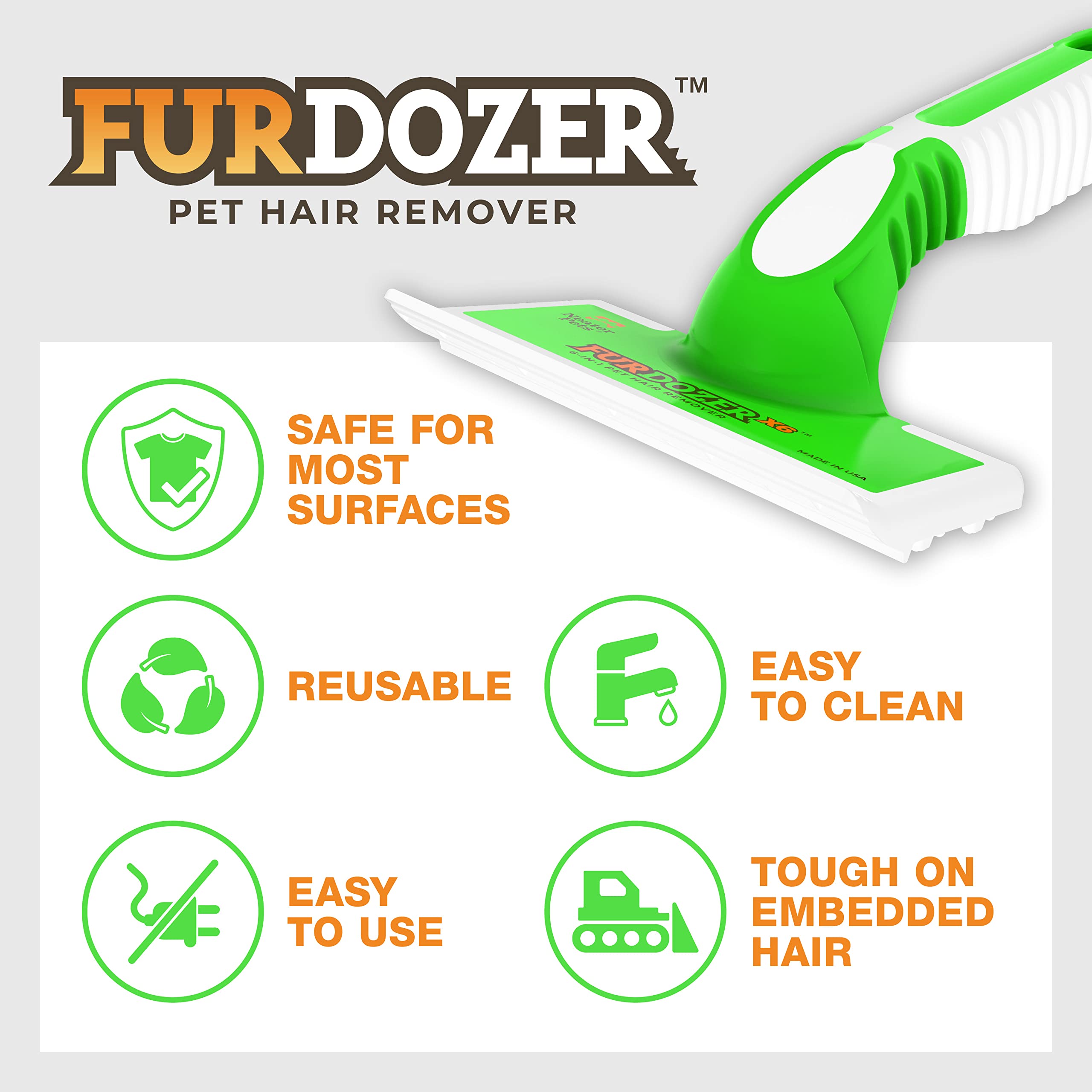 FurDozer X6 Pet Hair Remover & Auto Detailing Tool - Cat & Dog Hair Remover for Carpets, Car Interiors, Couches, Bedding, & Pet Furniture - Reusable Pet Hair Removal Tool for Cat and Dog Fur & Lint