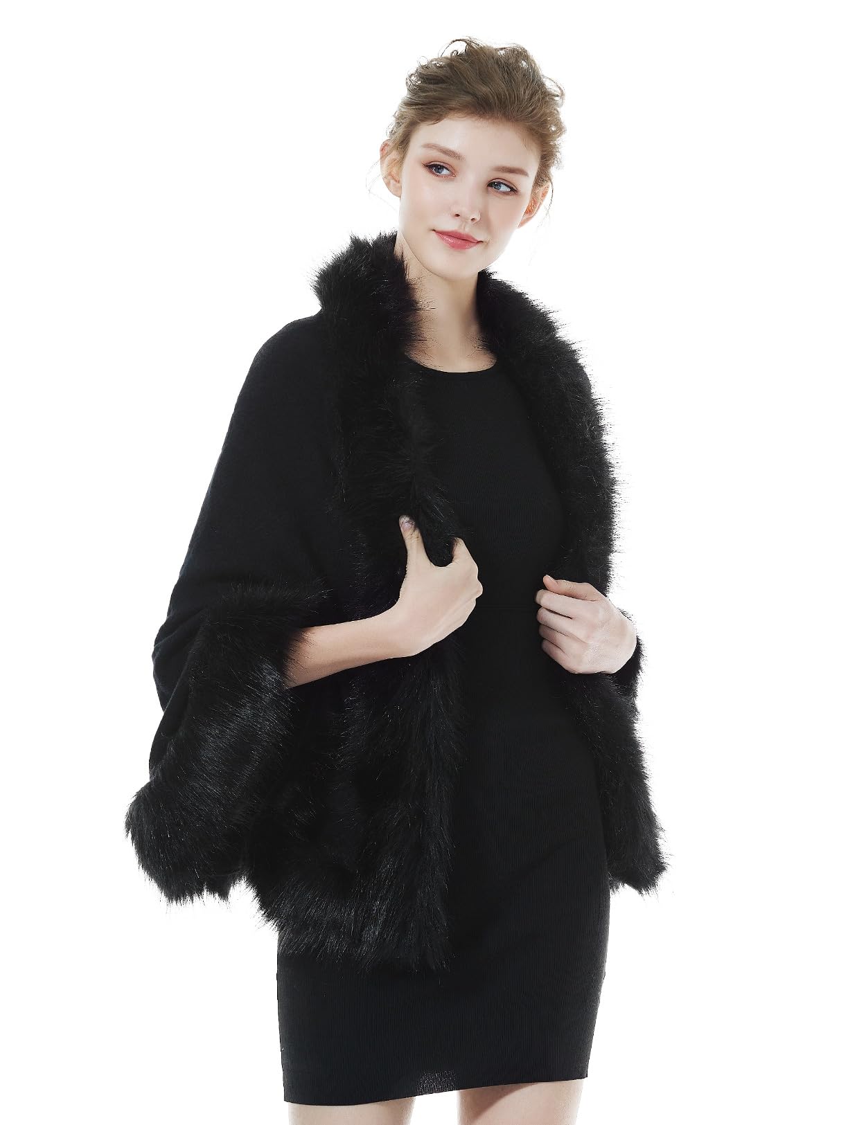 Faux Fur Shawl Wrap Stole Shrug Bridal Winter Wedding with Hook,Black,One Size