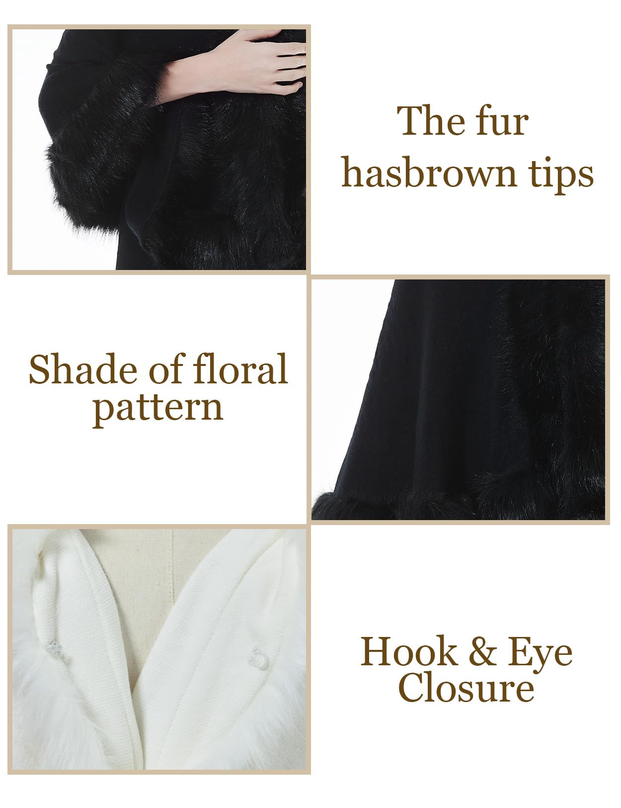 Faux Fur Shawl Wrap Stole Shrug Bridal Winter Wedding with Hook,Black,One Size