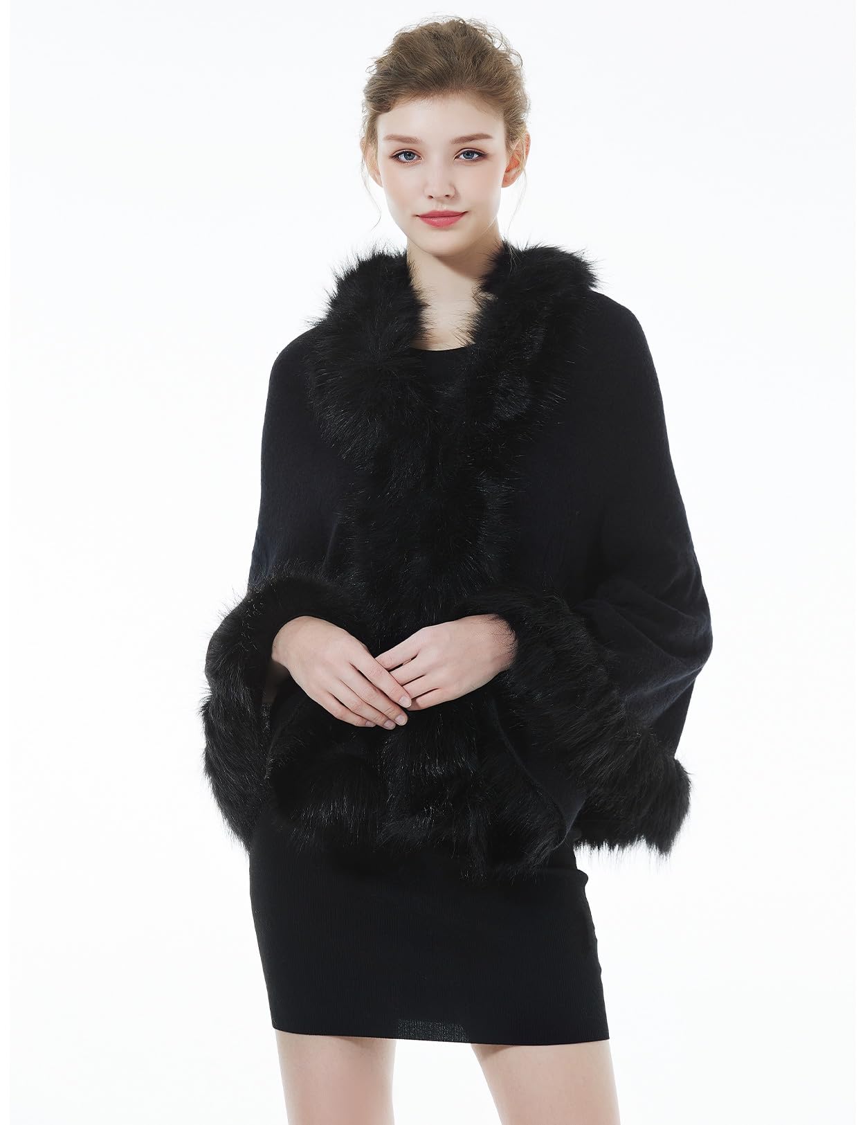 Faux Fur Shawl Wrap Stole Shrug Bridal Winter Wedding with Hook,Black,One Size