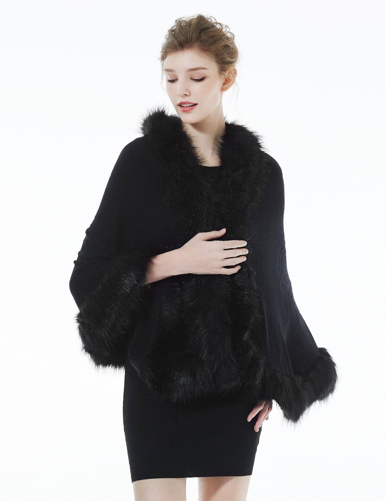 Faux Fur Shawl Wrap Stole Shrug Bridal Winter Wedding with Hook,Black,One Size