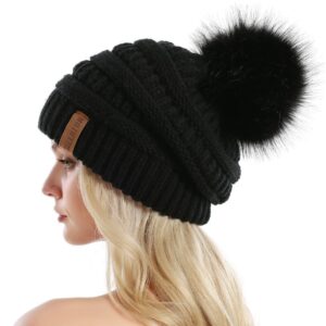 queenfur women knit slouchy beanie chunky baggy hat with faux fur pompom winter soft warm ski cap