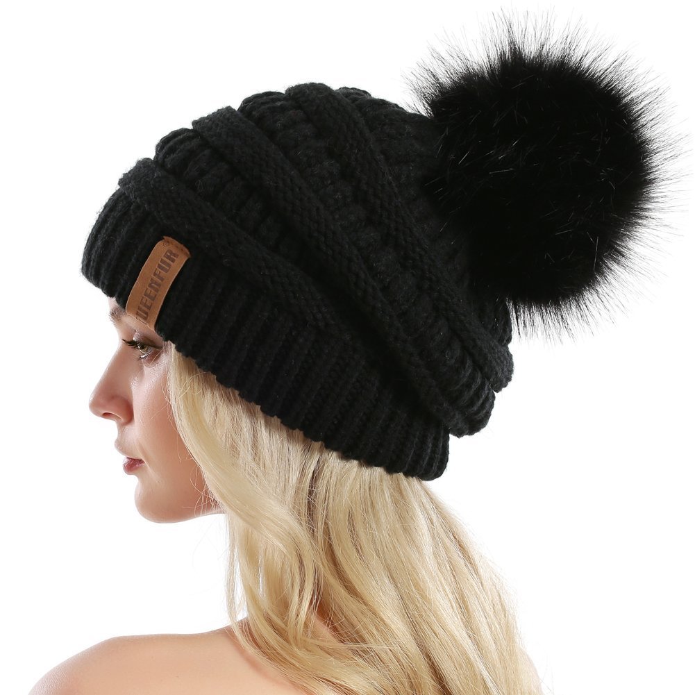 QUEENFUR Women Knit Slouchy Beanie Chunky Baggy Hat with Faux Fur Pompom Winter Soft Warm Ski Cap