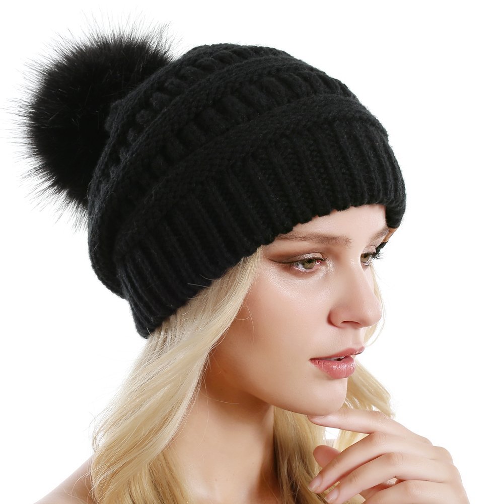 QUEENFUR Women Knit Slouchy Beanie Chunky Baggy Hat with Faux Fur Pompom Winter Soft Warm Ski Cap