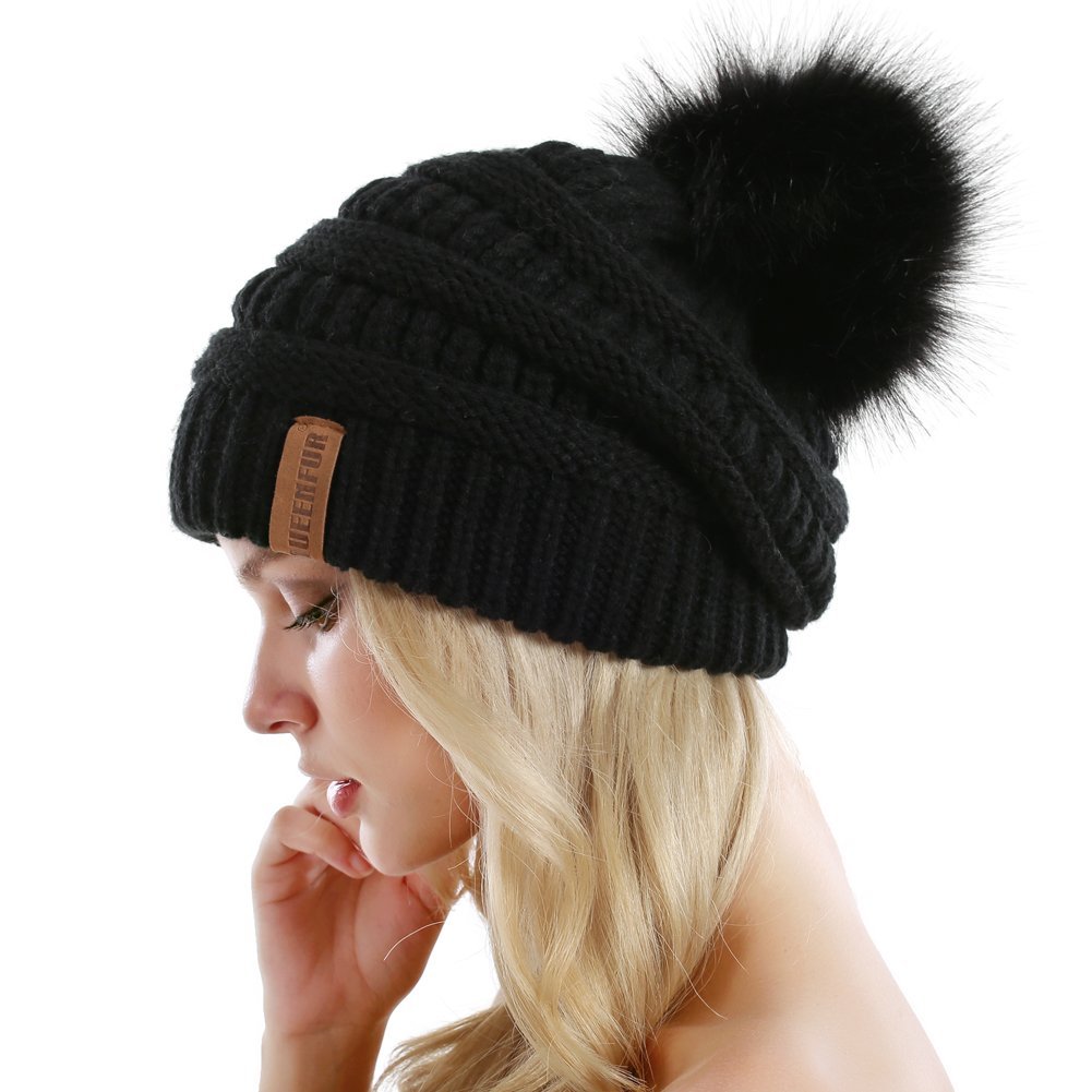 QUEENFUR Women Knit Slouchy Beanie Chunky Baggy Hat with Faux Fur Pompom Winter Soft Warm Ski Cap