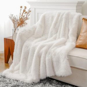 BATTILO HOME Luxury White Fluffy Faux Fur Throw Blanket, Large Fur Blankets and Throws for Couch, Bed, Super Soft Cozy Warm Plush Fuzzy Fur Throws with Long Pile, 60"x80" (Ivory)