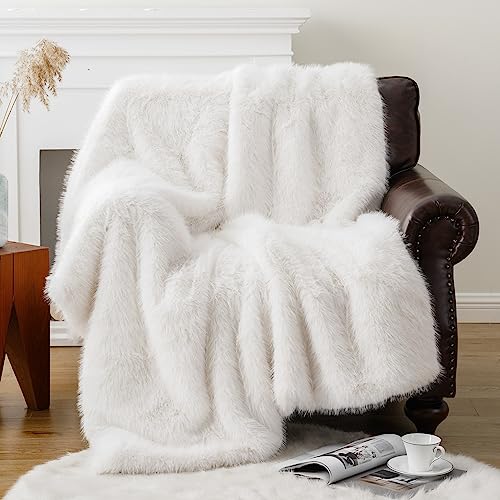 BATTILO HOME Luxury White Fluffy Faux Fur Throw Blanket, Large Fur Blankets and Throws for Couch, Bed, Super Soft Cozy Warm Plush Fuzzy Fur Throws with Long Pile, 60"x80" (Ivory)