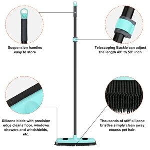 Rubber Broom Carpet Rake for Pet Hair Removal, Fur Remover Broom with 59" Telescoping Long Handle, Pet Hair Broom with Squeegee for Carpet, Hardwood Floor, Tile