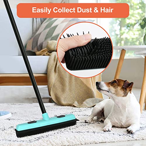 Rubber Broom Carpet Rake for Pet Hair Removal, Fur Remover Broom with 59" Telescoping Long Handle, Pet Hair Broom with Squeegee for Carpet, Hardwood Floor, Tile