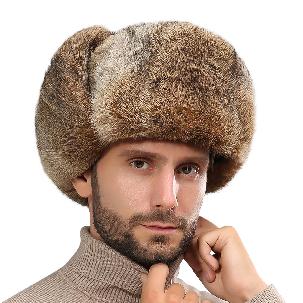 Trapper Hat Winter Russian Ushanka Hat Men Women with Faux Rabbit Fur Aviator Earflap Hat Windproof for Hunting Skiing