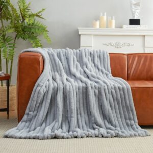 amélie home soft faux fur throw blanket for couch, warm luxurious faux rabbit fur striped throw blanket, cozy fluffy plush fur blanket for sofa chair bed living room, light grey, 50"x 70"