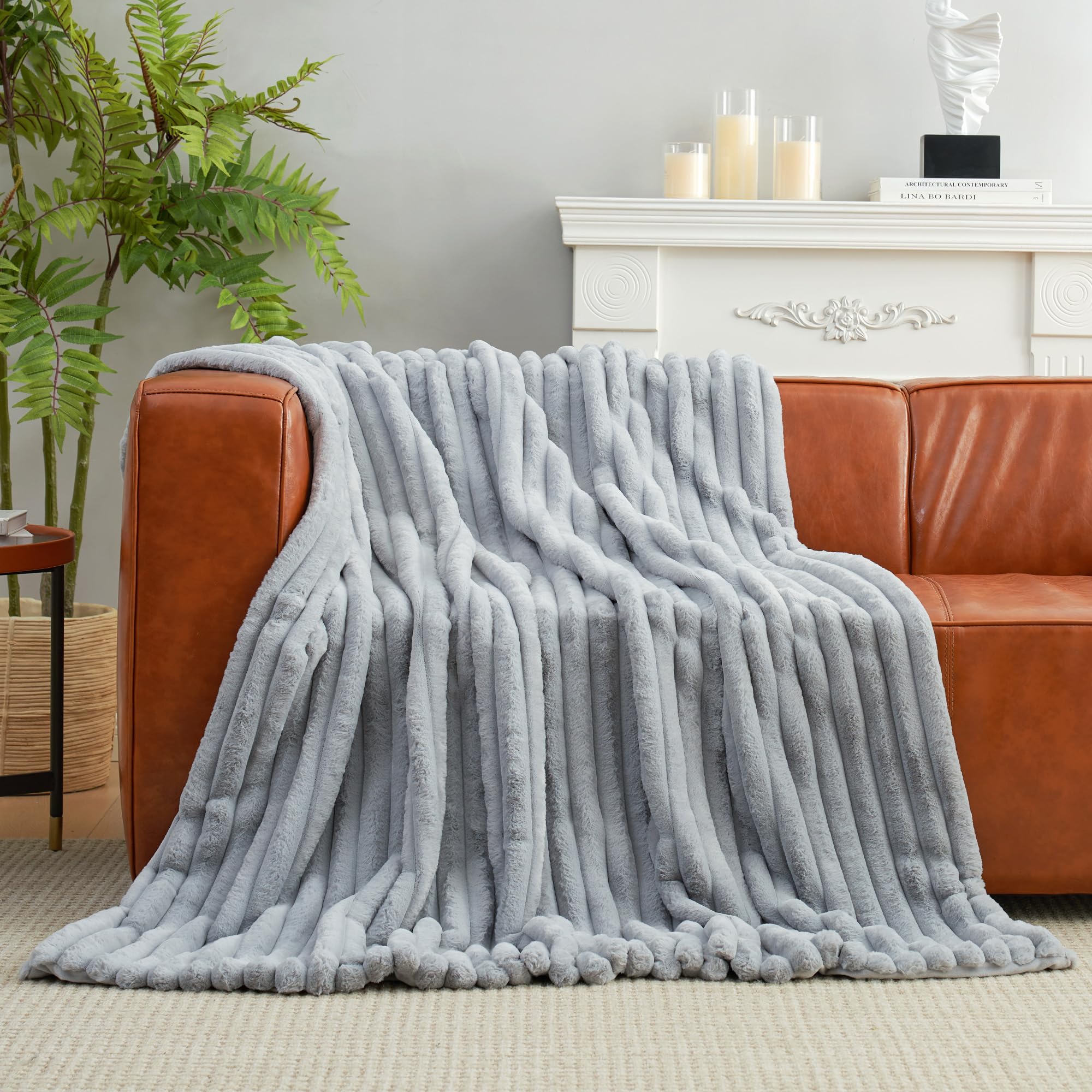 Amélie Home Soft Faux Fur Throw Blanket for Couch, Warm Luxurious Faux Rabbit Fur Striped Throw Blanket, Cozy Fluffy Plush Fur Blanket for Sofa Chair Bed Living Room, Light Grey, 50"x 70"