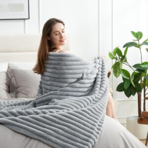 Amélie Home Soft Faux Fur Throw Blanket for Couch, Warm Luxurious Faux Rabbit Fur Striped Throw Blanket, Cozy Fluffy Plush Fur Blanket for Sofa Chair Bed Living Room, Light Grey, 50"x 70"