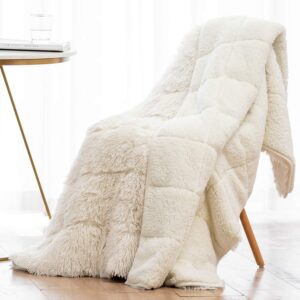 wemore shaggy long fur faux fur weighted blanket, cozy and fluffy plush sherpa long hair blanket for adult 20lbs, fluffy fuzzy sherpa reverse heavy blanket for bed, couch, cream white, 60 x 80 inches