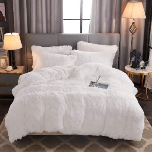 werdim shaggy fluffy faux fur duvet cover set button closure velvety bedding set comforter cover with pillowcases white, queen size