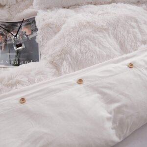 WERDIM Shaggy Fluffy Faux Fur Duvet Cover Set Button Closure Velvety Bedding Set Comforter Cover with Pillowcases White, Queen Size