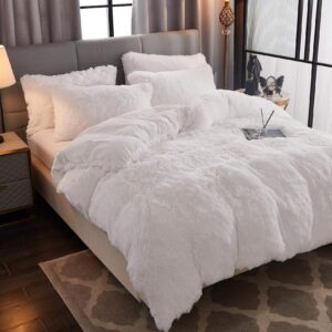 WERDIM Shaggy Fluffy Faux Fur Duvet Cover Set Button Closure Velvety Bedding Set Comforter Cover with Pillowcases White, Queen Size