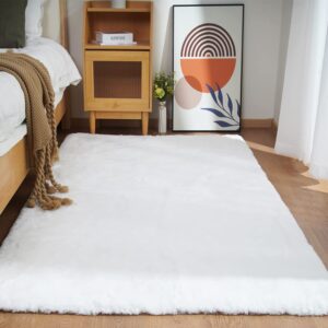 ghouse ultra soft faux rabbit fur rug 4x6, machine washable area rugs for bedroom fluffy rugs for living room, no-shedding carpet sheepskin rug white