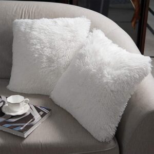 nordeco home luxury soft faux fur fleece cushion cover pillowcase spring decorative throw pillows covers, no pillow insert, 18" x 18" inch, white, 2 pack