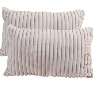 SofyCotty Faux Fur Striped Throw Pillow Covers Set of 2 Ultra Soft Shaggy Plush Pillow Cases Standard/Queen Size Decorative Fluffy Pillowcases Pillow Shams with Zipper Closure(Standard,Cream White)