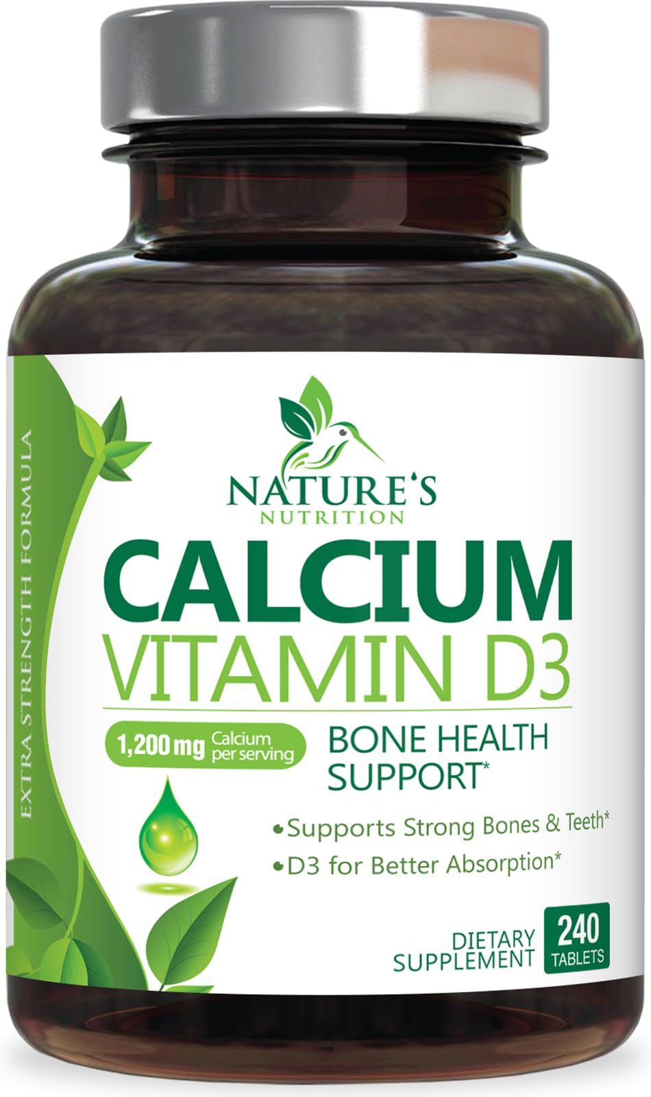 Calcium 1200 mg Plus Vitamin D3, Bone Health & Immune Support - Nature's Calcium Supplement with Extra Strength Vitamin D for Extra Strength Carbonate Absorption Dietary Supplement - 240 Tablets